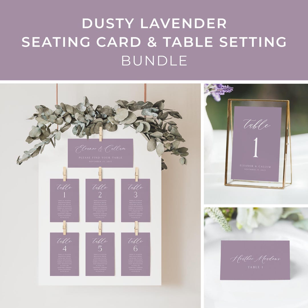 Lavender Wedding Seating Cards Bundle Template, Lavender Seating Chart ...