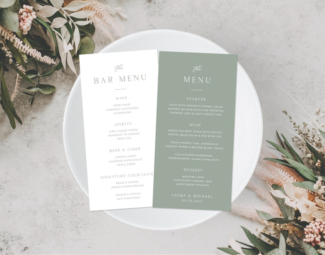 Sage Green Wedding Menu Template, Minimalist Wedding Menu, Sage Green ...