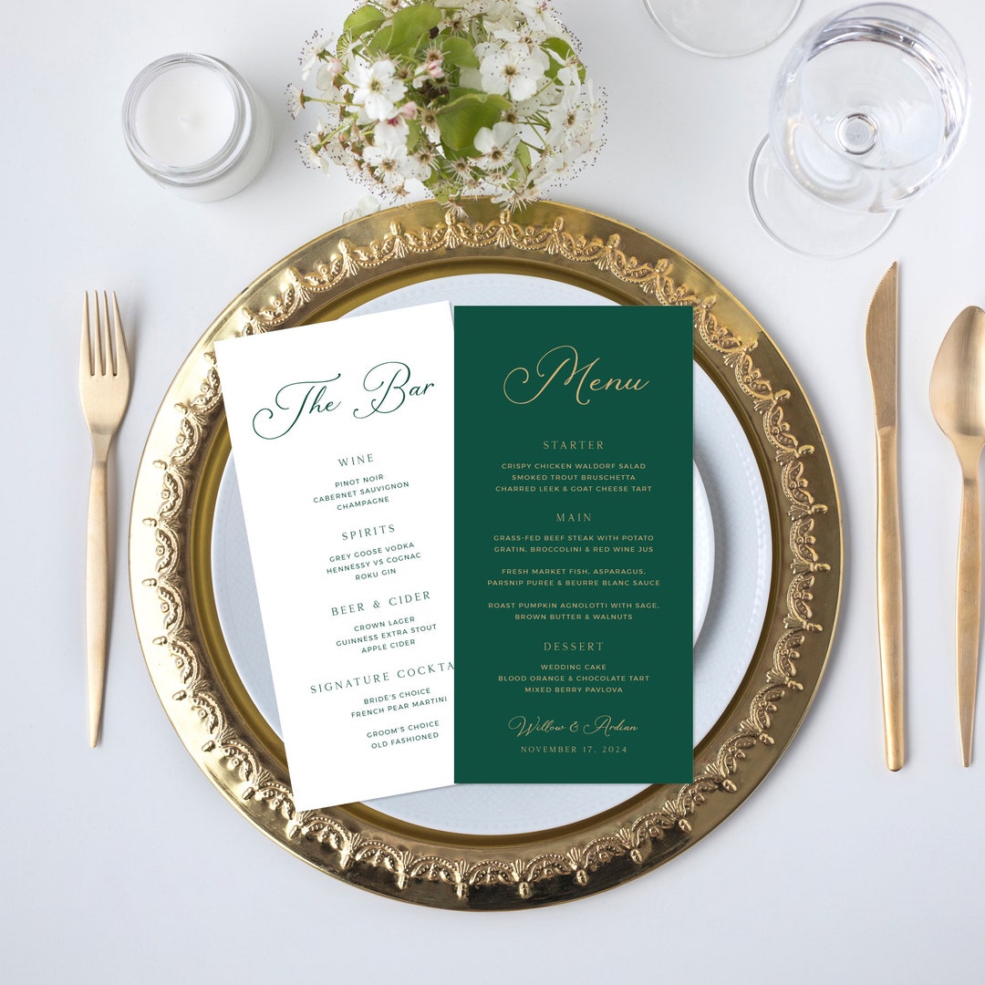 Emerald Green Menu Template, Emerald Wedding Menu, Minimalist Bar Menu ...