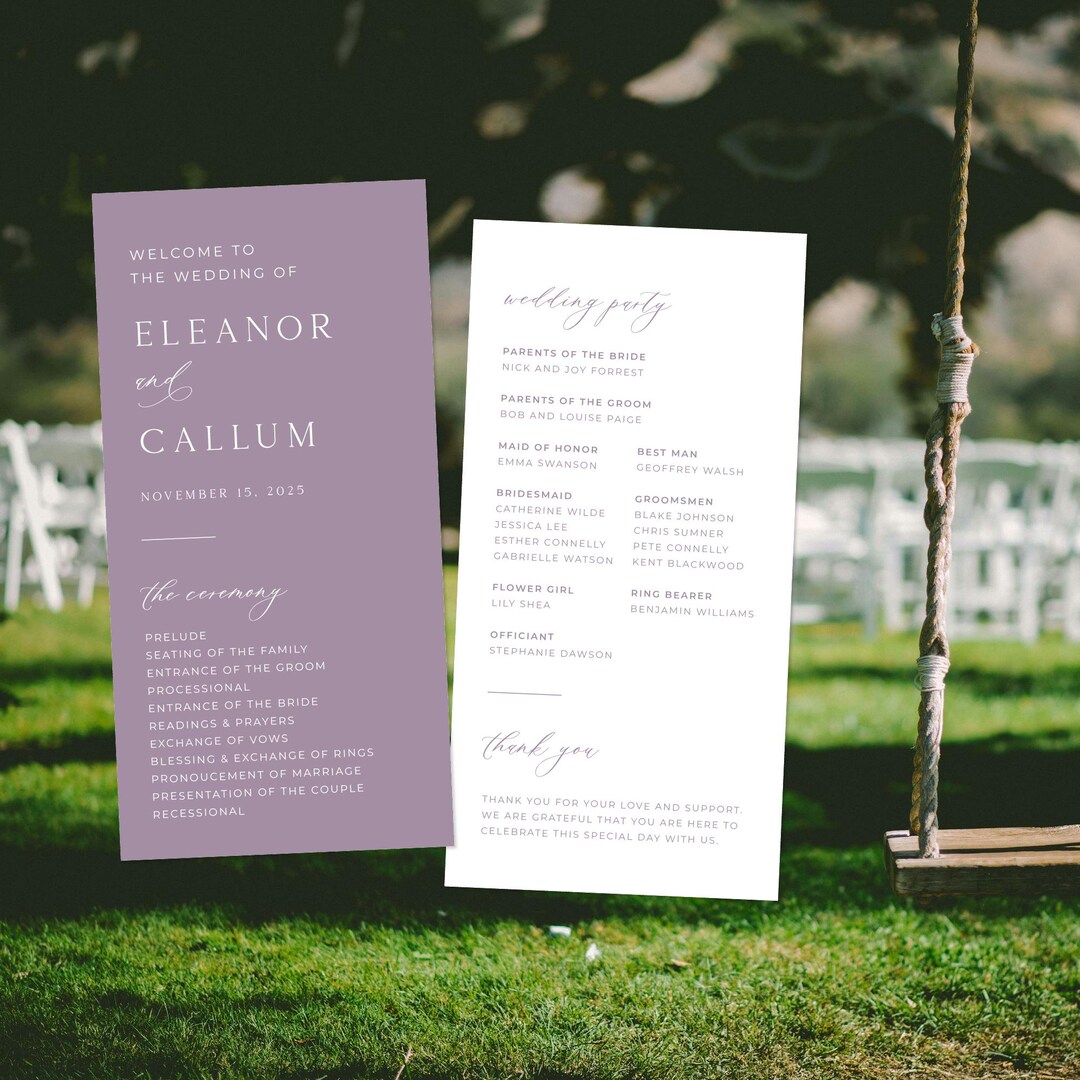 Lavender Wedding Program Template, Purple Wedding Program, Lilac ...