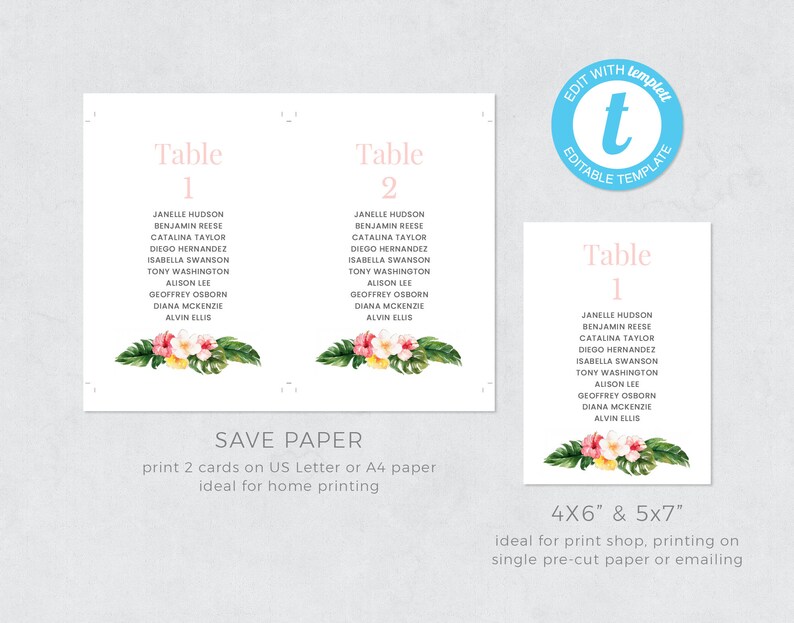 Tropical Seating Chart Template, Tropical Wedding Seating Cards, Beach ...