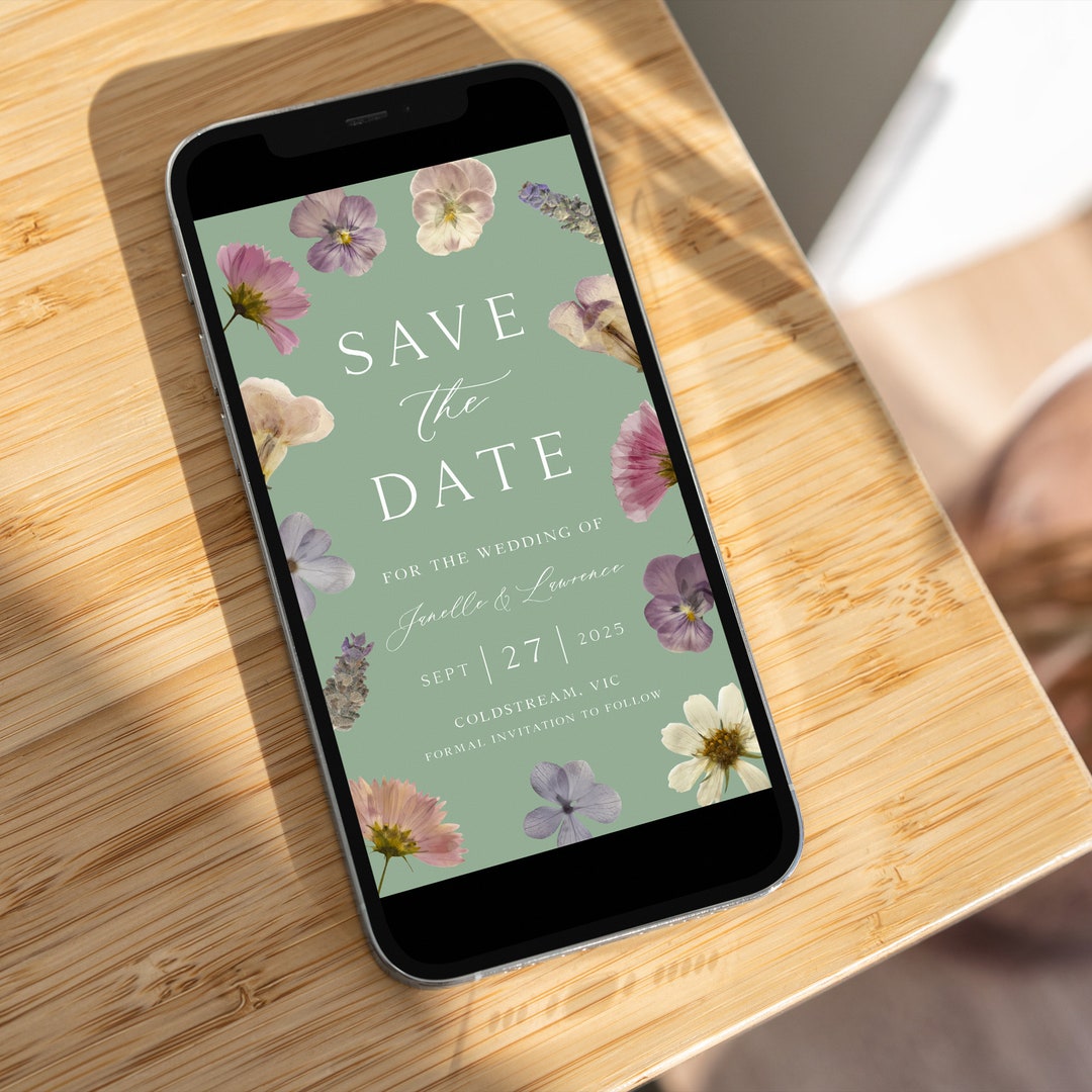 Digital Sage Green Floral Save the Date Template, Pressed Flower Save ...