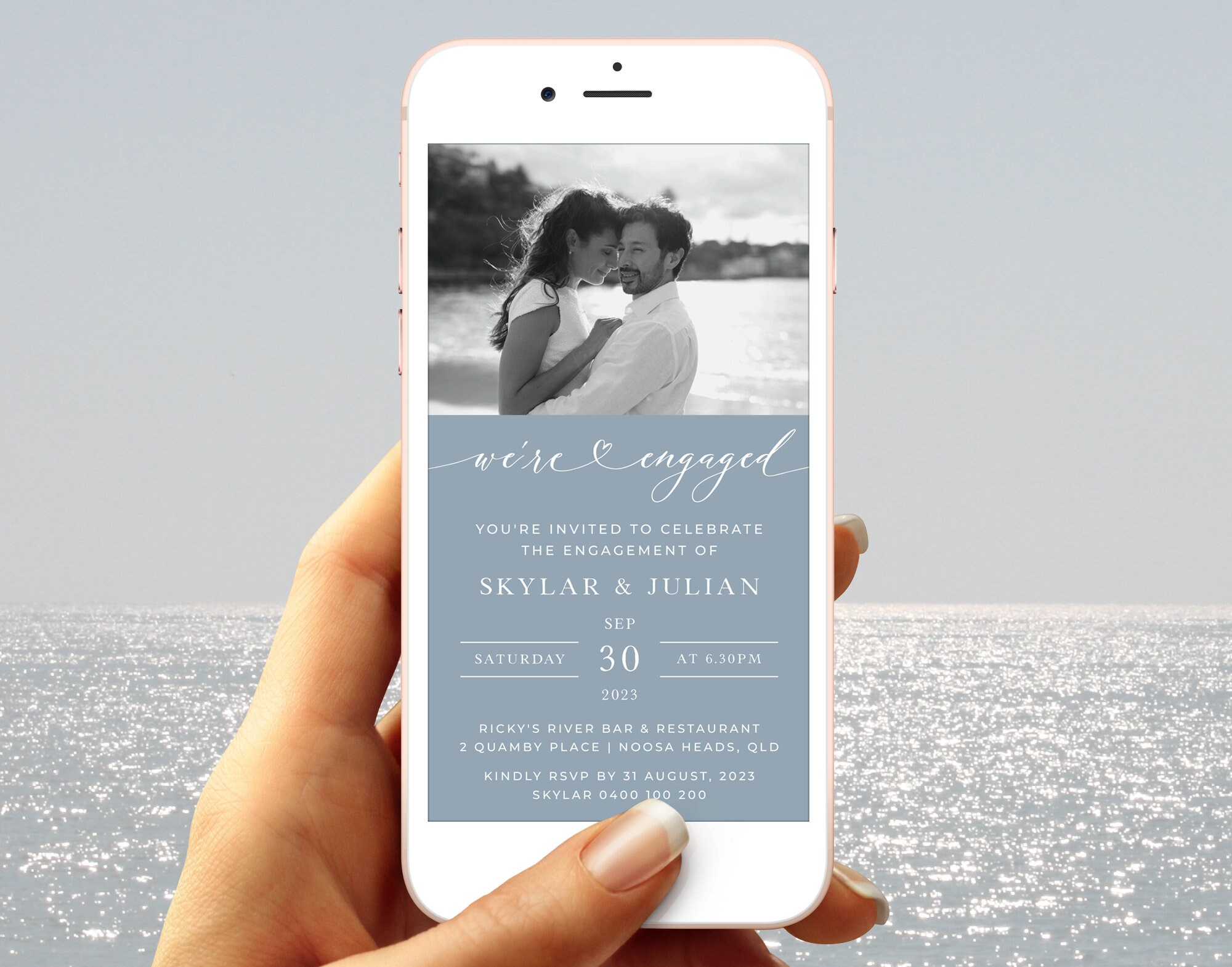 Dusty Blue Engagement Photo Invitation Template Minimalist - Etsy