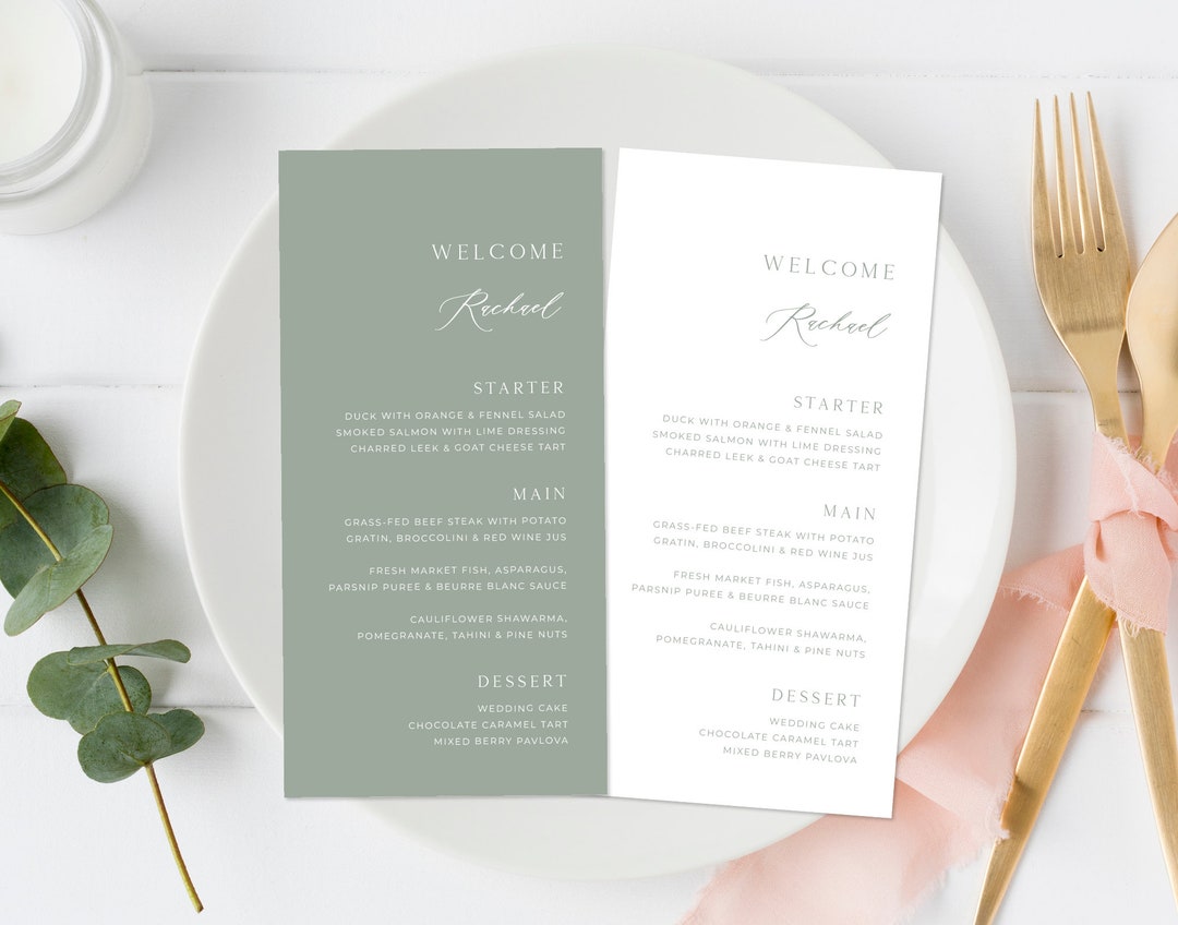 Sage Green Menu Place Card Template, Sage Green Wedding Menu, Menu With ...