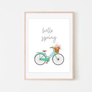 Spring Wall Art | Hello Spring Print | Bike With Flower Basket Digital ...