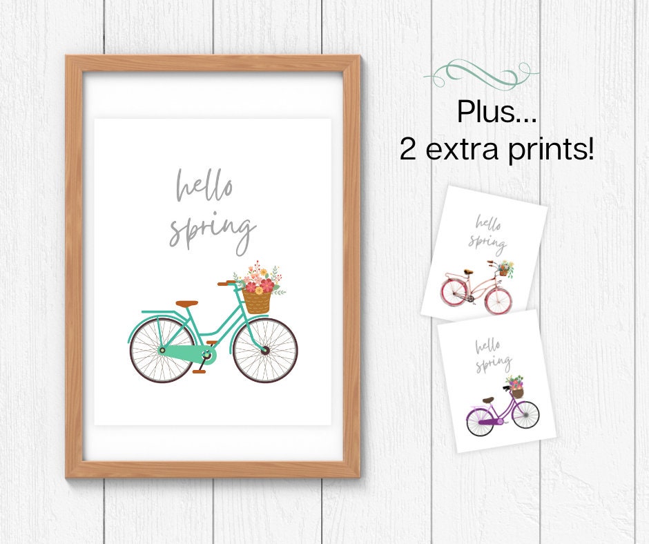 Spring Wall Art | Hello Spring Print | Bike With Flower Basket Digital ...