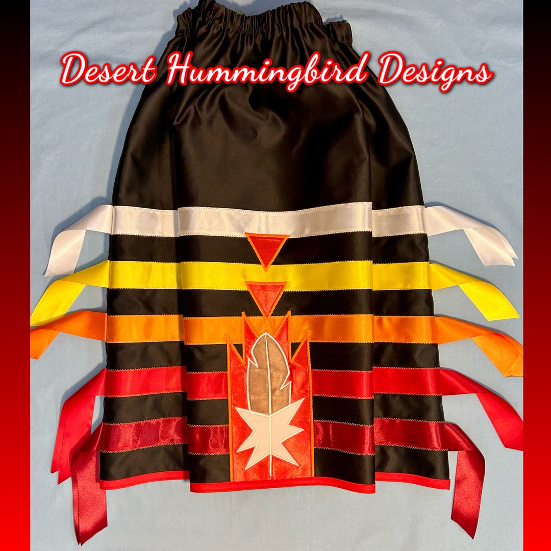 Native Ribbon Skirt; Side Fall Ribbon Details; Feather Appliqué; Satin ...