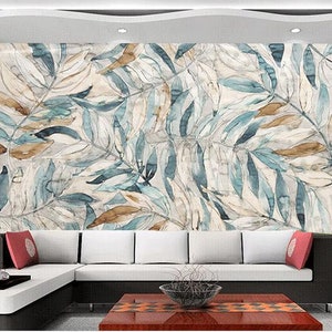 Hand Painted Vintage Big Leave Wallpaper Colorful Leaves Wall - Etsy
