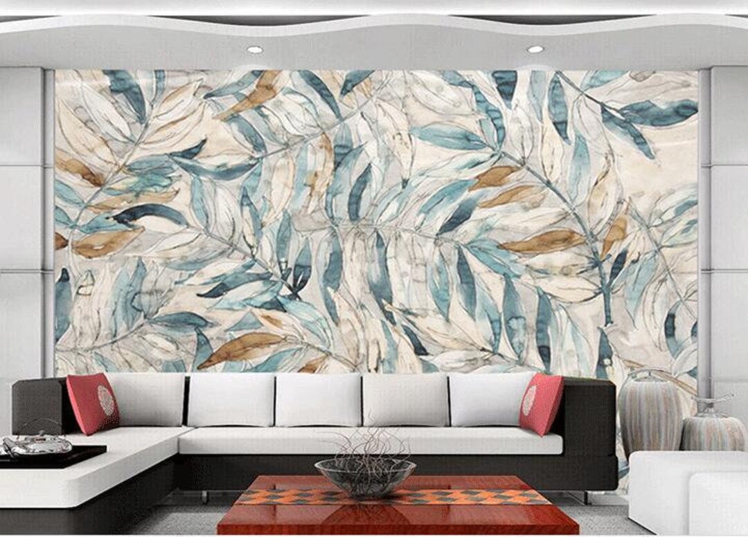 Hand Painted Vintage Big Leave Wallpaper Colorful Leaves Wall - Etsy