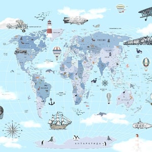 Cartoon Blue Worldmap Nursery Kids Children Room Wallpaper Wall Mural ...