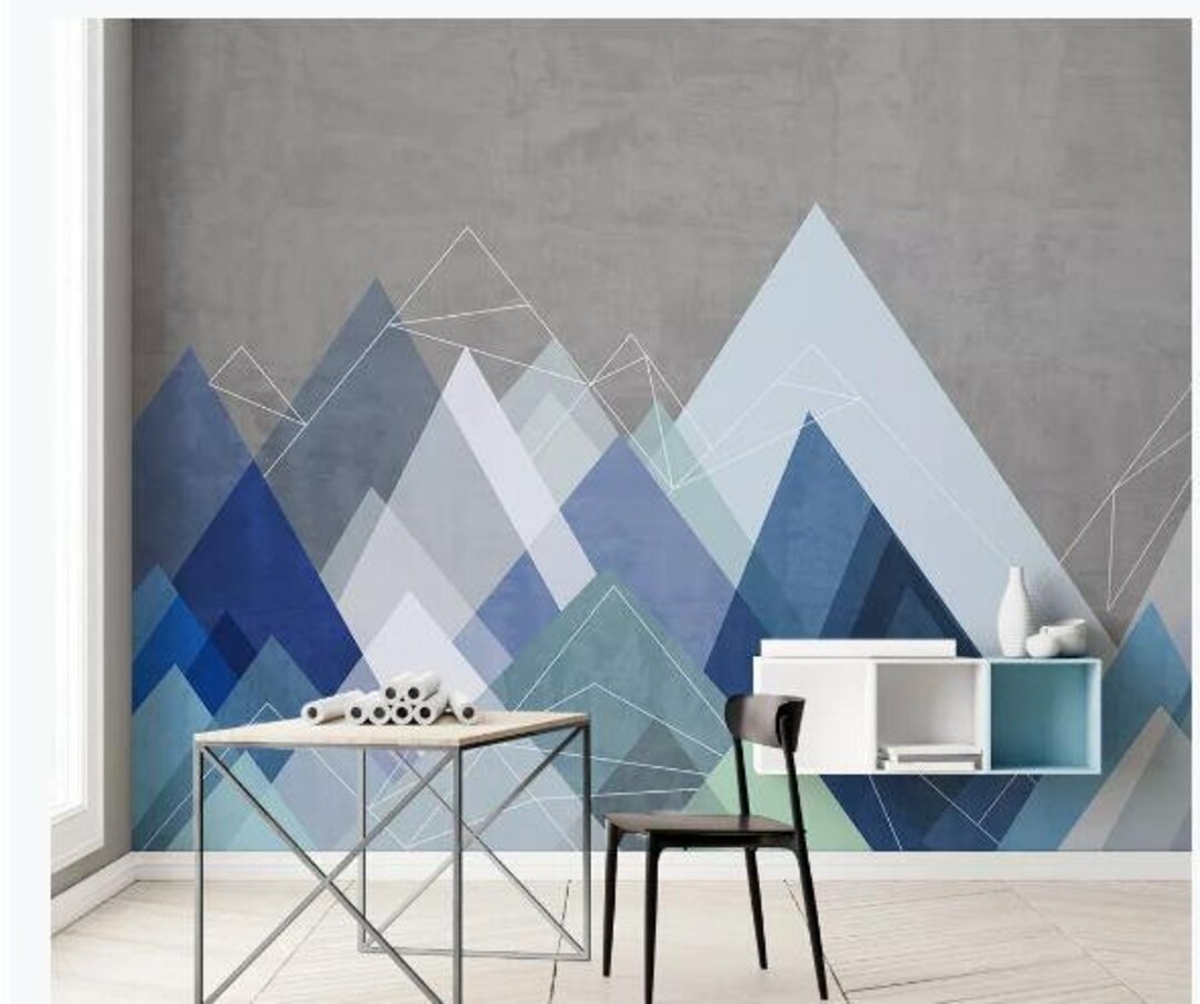 Hand Painted Blue Geometry Wallpaper Mural Colorful Triangle - Etsy