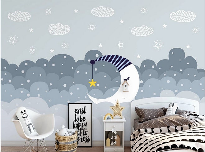 Cartoon Blue Mountains With Clouds Nursery Wallpaper Lovely | Etsy