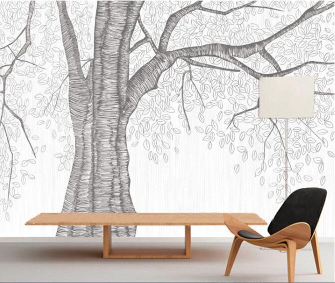 Sketch Huge Tree Wallpaper, Lush Big Tree With Leaves Wall Mural, Wall ...