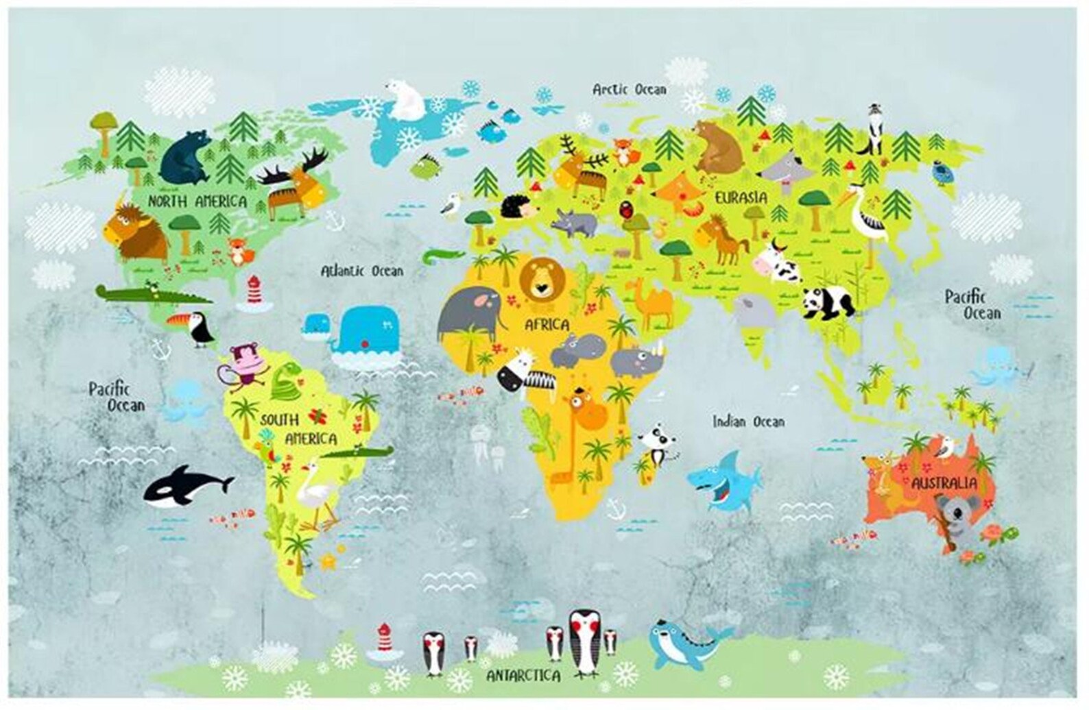Cartoon World Map Wallpaper Animals Cartoon Map Wall Mural | Etsy