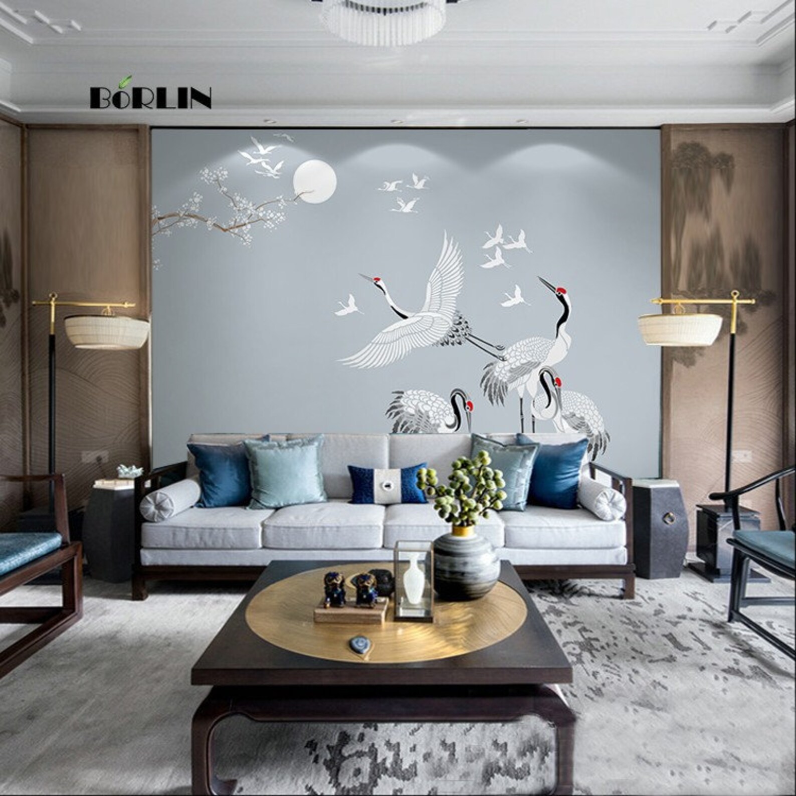 Chinoiserie Brushwork Several Cranes With Moon Wallpaper Wall Murals ...