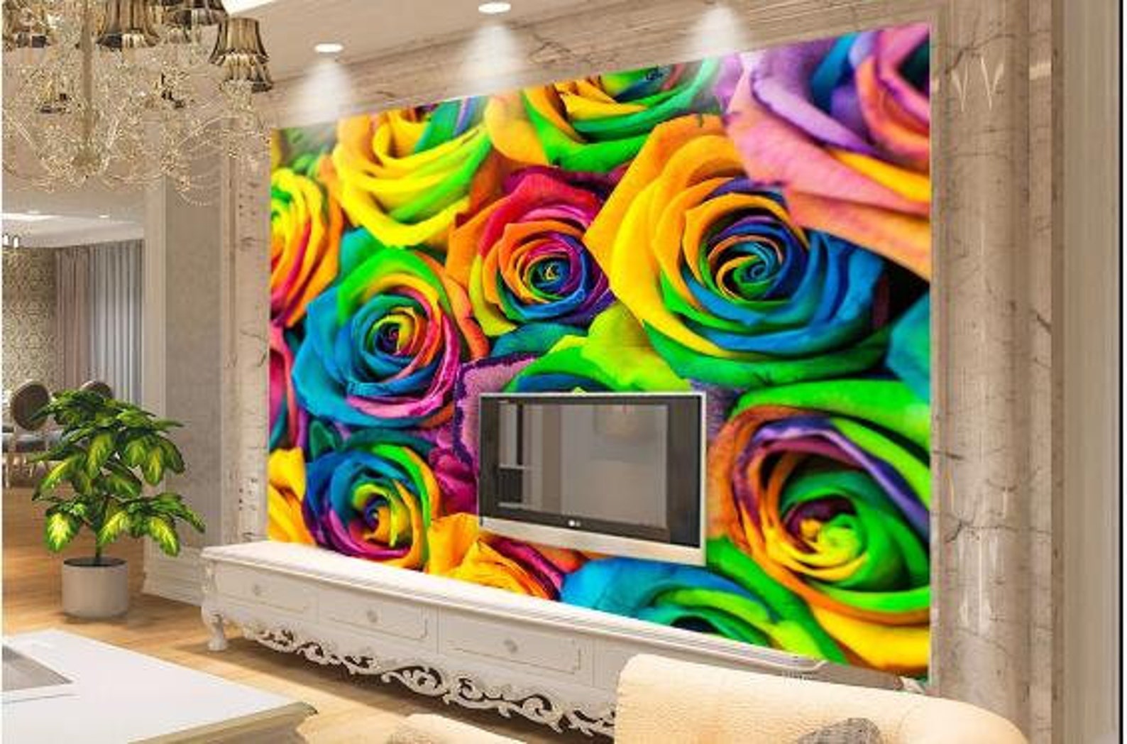 Colorful Big Rose Floral Wallpaper Oil Painting Dutch Rainbow - Etsy