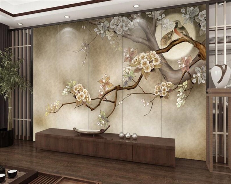 Modern Home Decoration Mural Flowers and Birds Trees Living Room TV ...