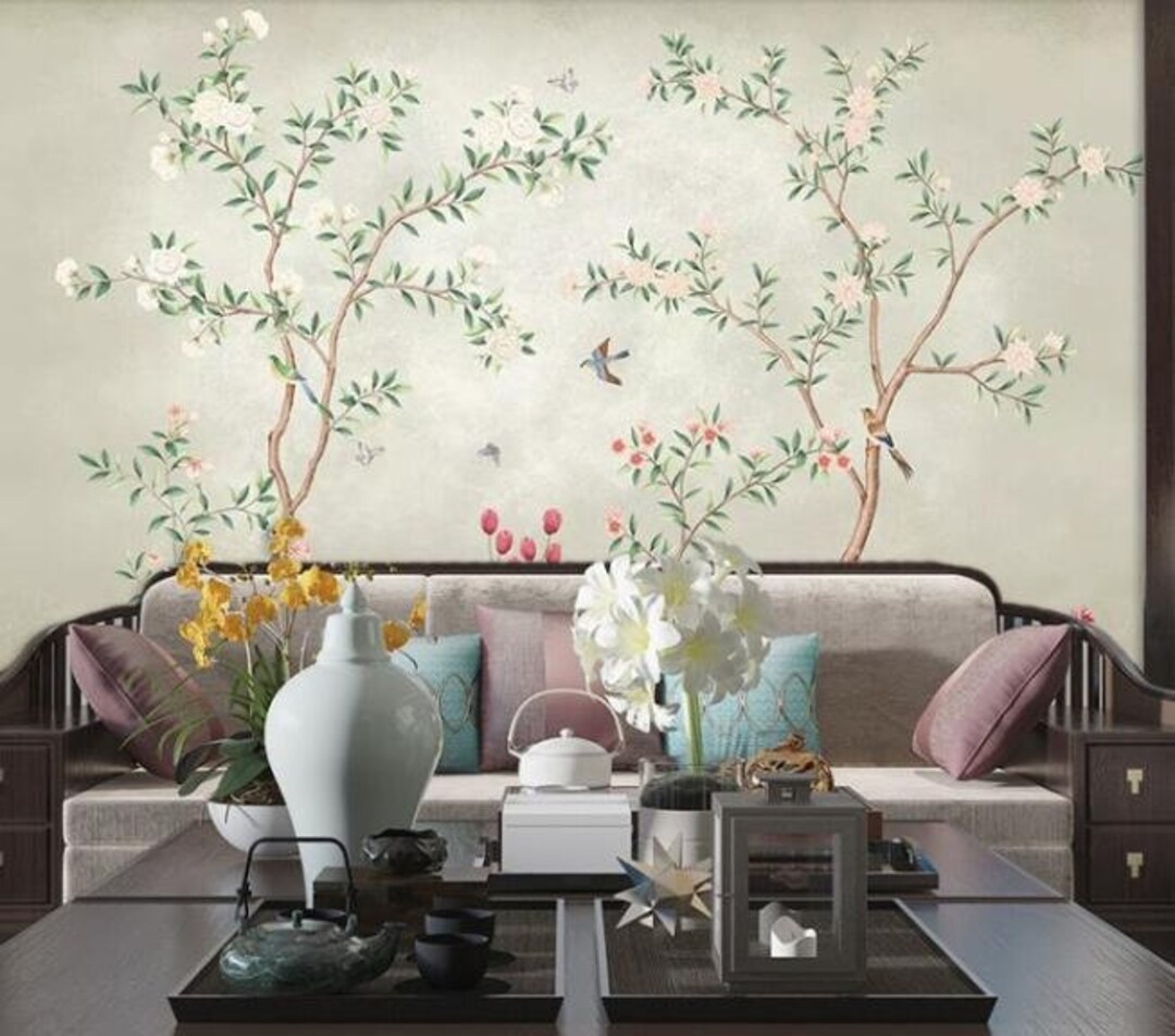 Chinese Style Hand Painted Two Trees Wall Murals Flowers and - Etsy