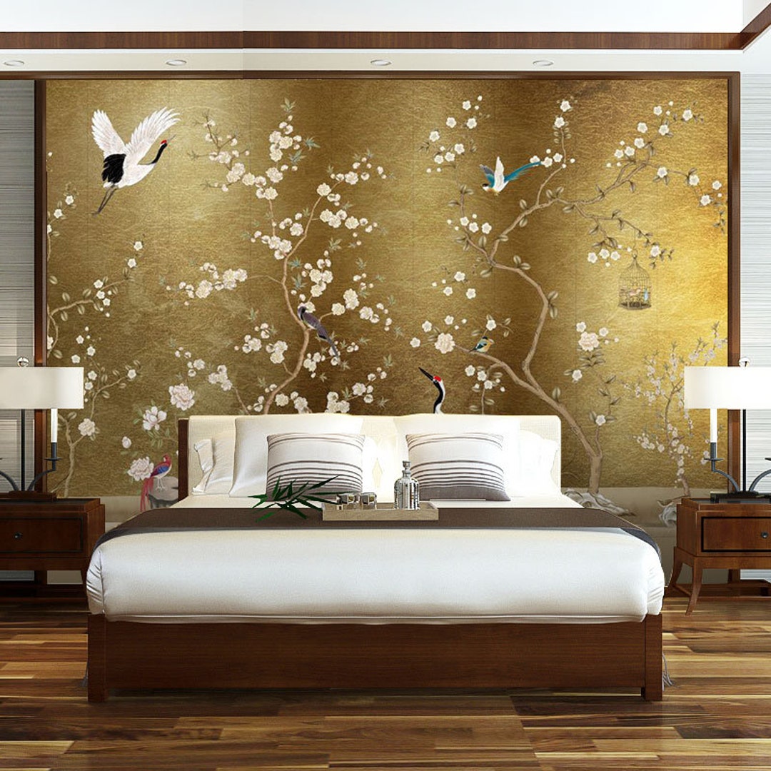 Chinoiserie Magnolia Tree Wallpaper: Gold Background, Birds & Cranes - Etsy