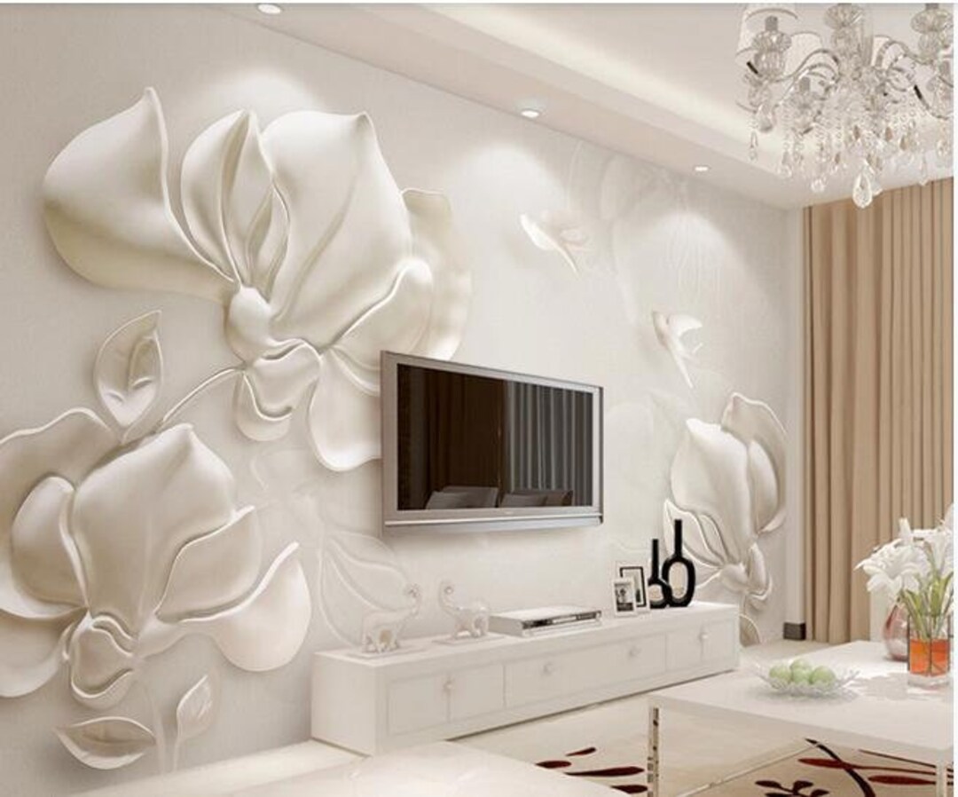 Custom Wall Mural Wallpaper 3D Plaster Relief Magnolia Flower Bird ...