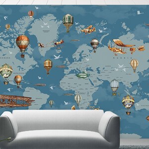 Cartoon World Map Wallpaper, Animals Cartoon Map Wall Mural, Hot-air ...