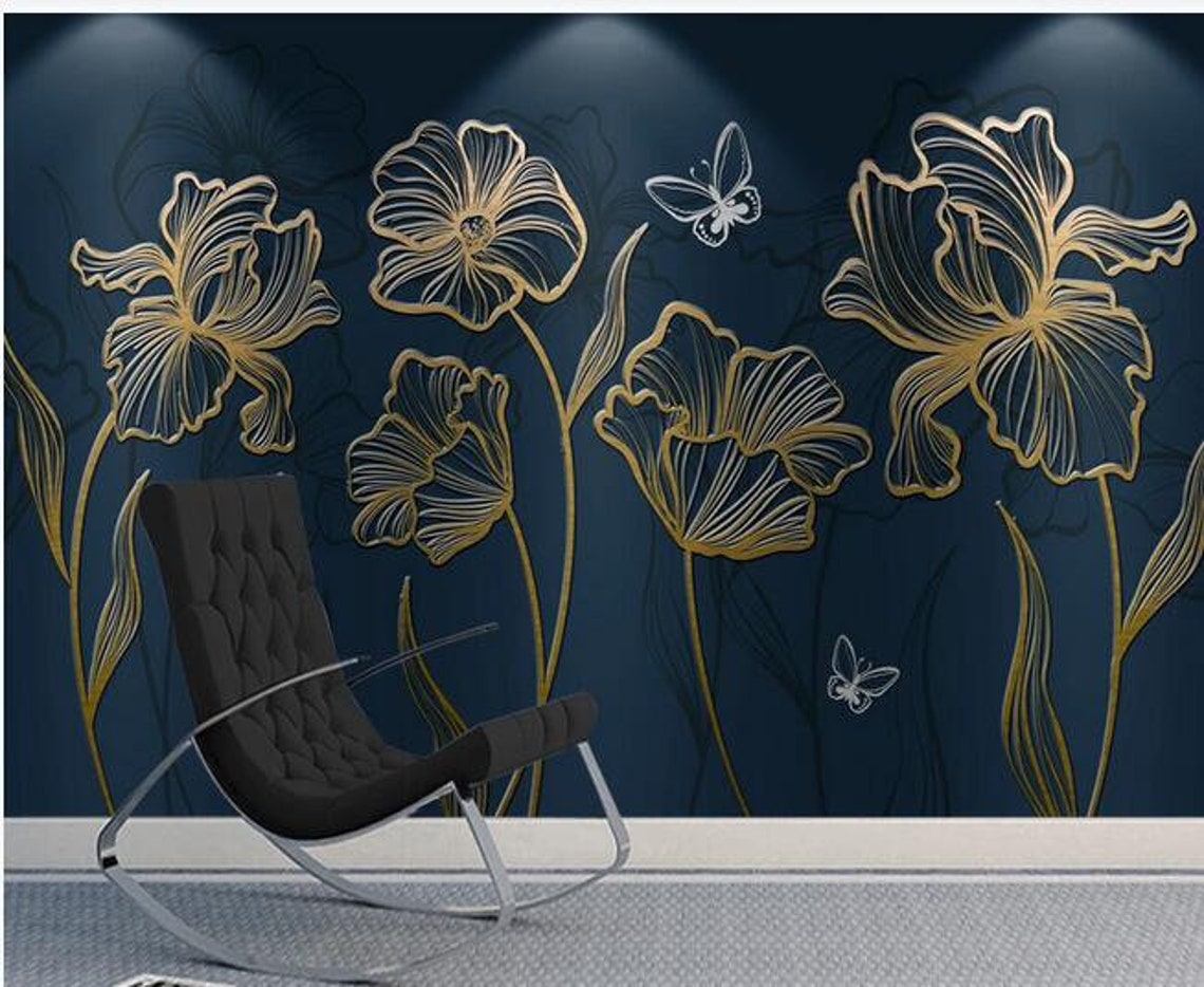 Modern Luxury Golden Embossed Line Flowers Photo Murals Living - Etsy