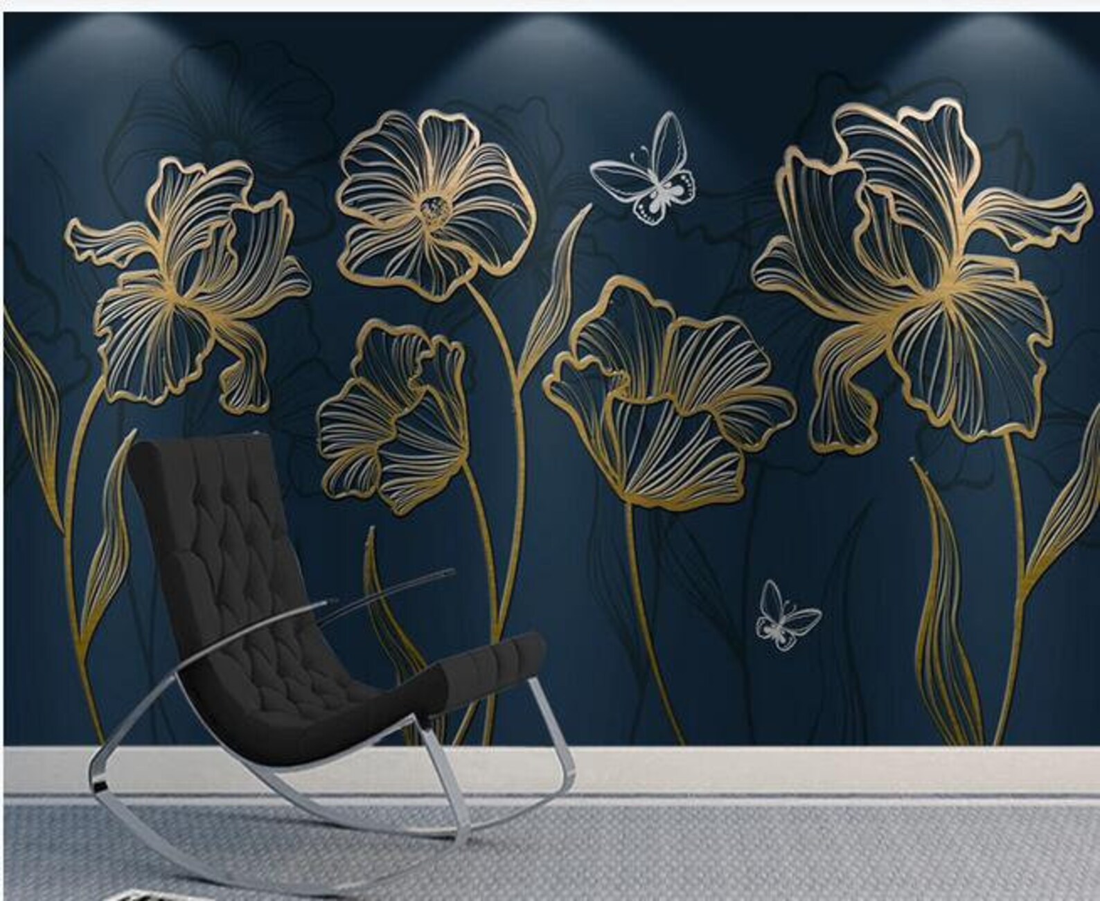 Modern Luxury Golden Embossed Line Flowers Photo Murals Living Room TV ...