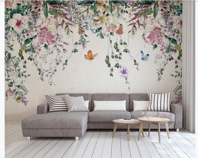 Hanging Rattan Fresh Leaves Wallpaper Flying Butterflies and | Etsy