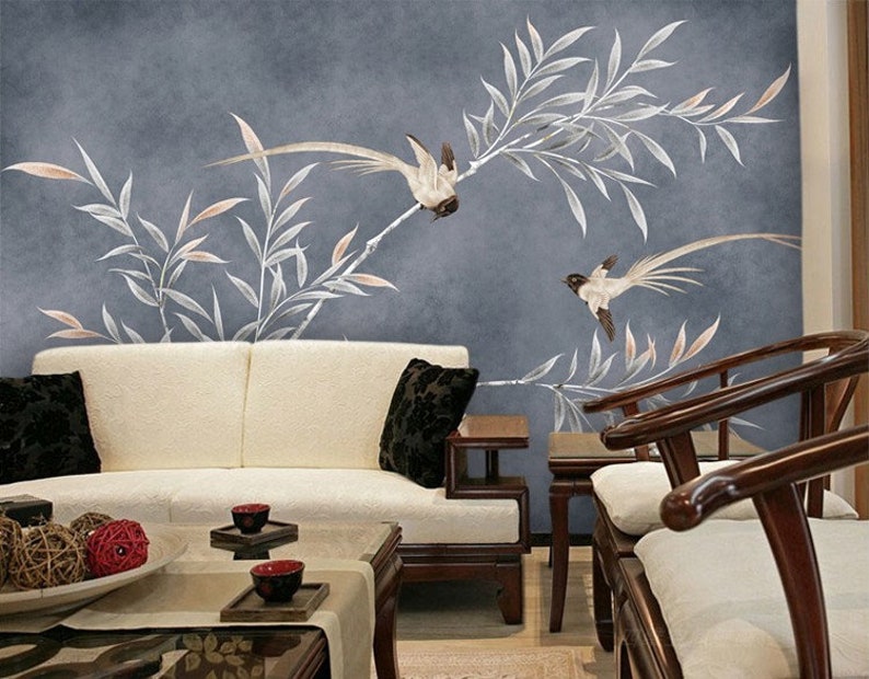 Chinese Style Flying Birds Wallpaper Grey Background Wall | Etsy