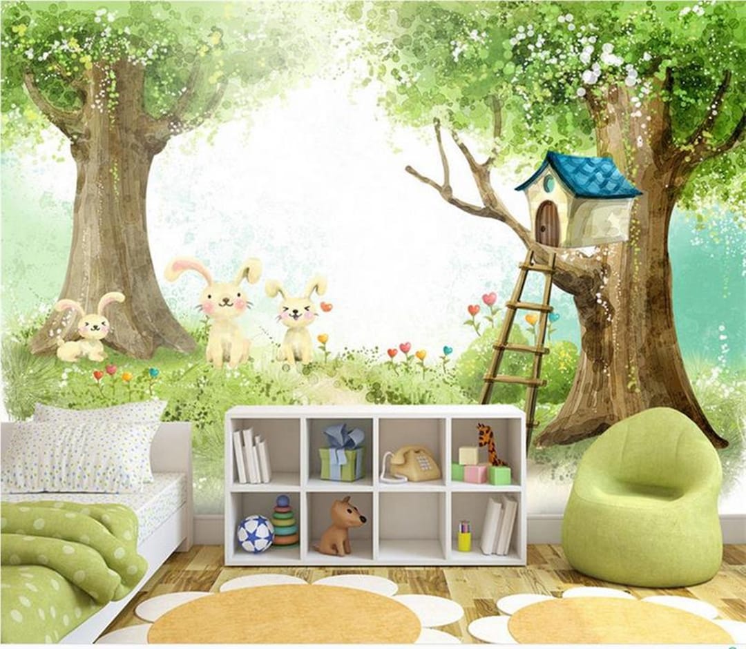 Custom Tree House Mural: Rabbit Cartoon Kids Room Wallpaper - Etsy