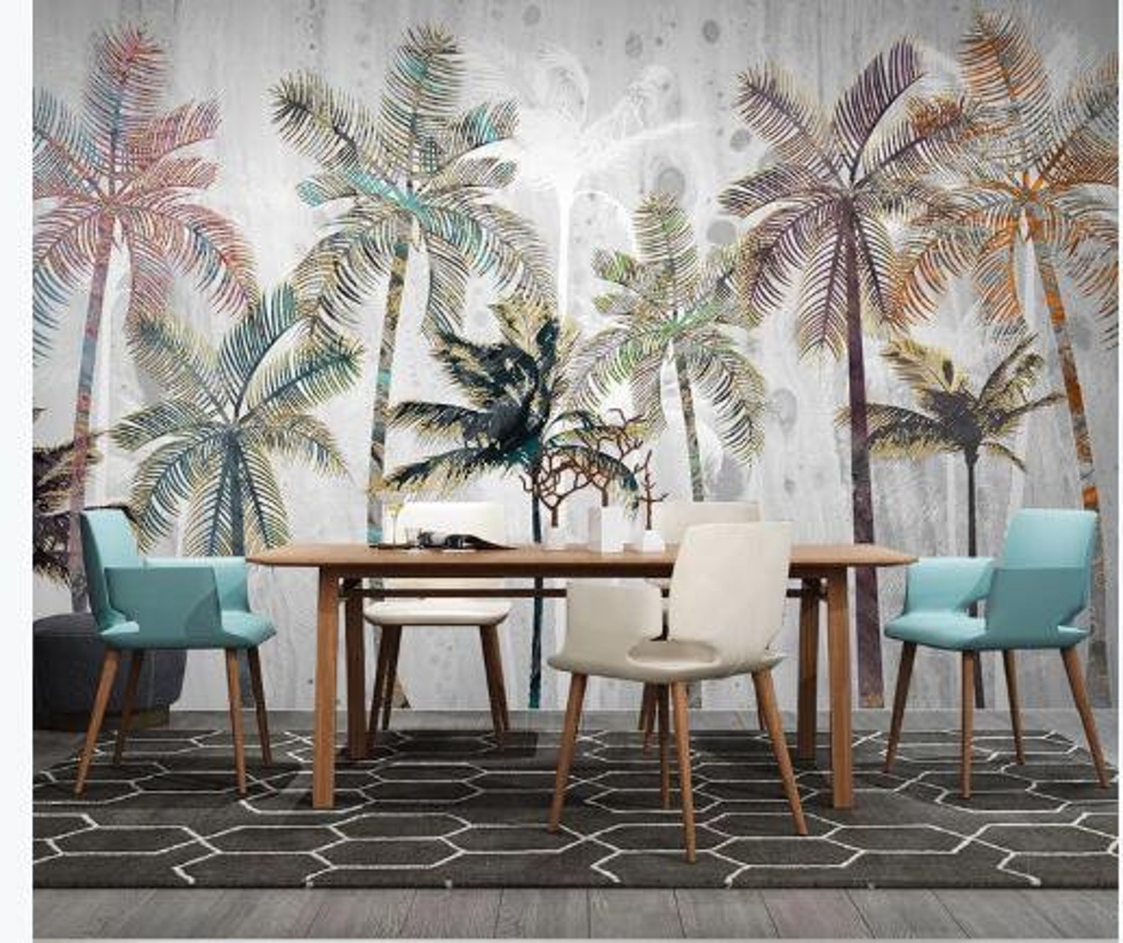 Tropical Coconut Palm Forest Wallpaper Mural, Handpainted Tropical ...