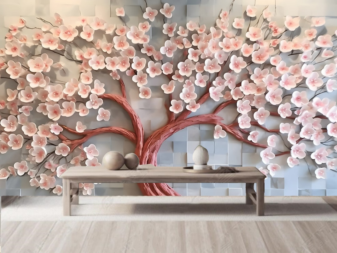 3D Pink Cherry Blossom Tree Flower Tree Wallpaper Wall Mural Home Decor ...