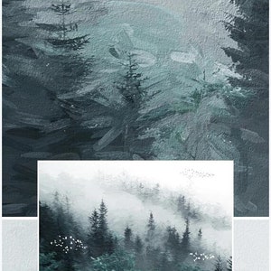 Watercolor Foggy Trees Forest Wallpaper, Flying Birds Wall Murals, Pine ...