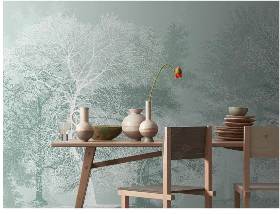 Shabby Trees Forest Light Green Tree Forest Wallpaper Wall Mural Home ...