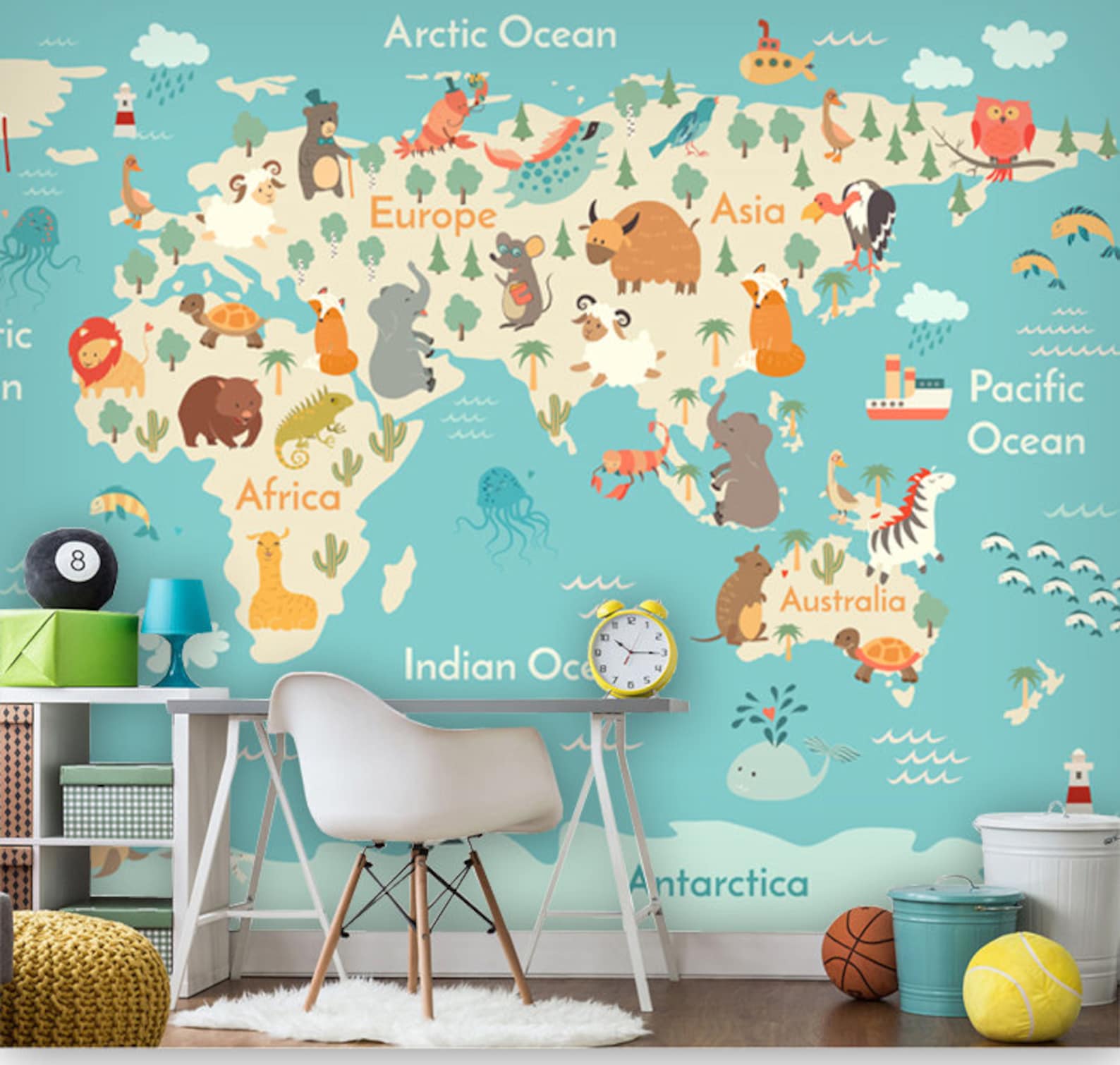 Cartoon World Map Wallpaper Animal Cartoon Map Wall Mural - Etsy UK