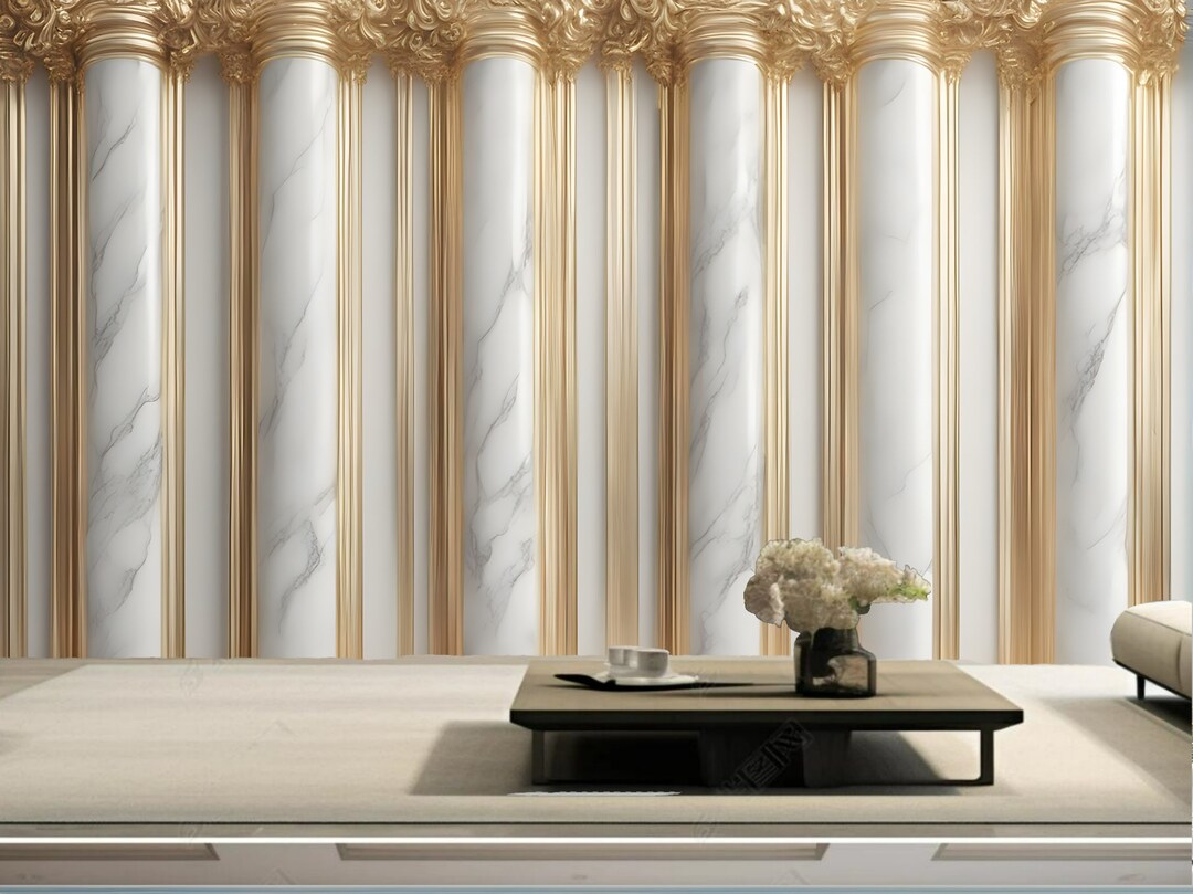 3D White Columns Gold Trim Wallpaper Wall Mural Home Decor for - Etsy