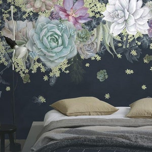 American Style Dark Background Succulent Plants Wallpaper, Floral Wall ...