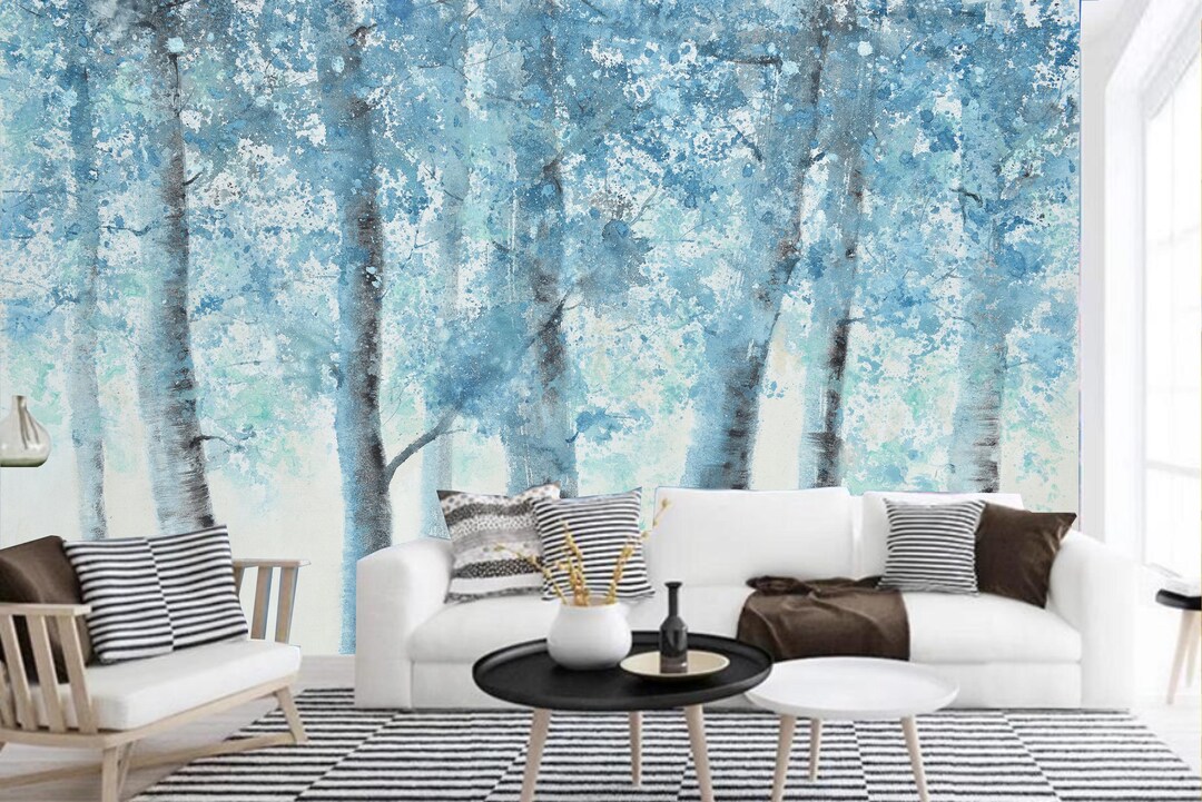 Blue Birch Trees Forest Wallpaper Wall Mural Home Decor - Etsy