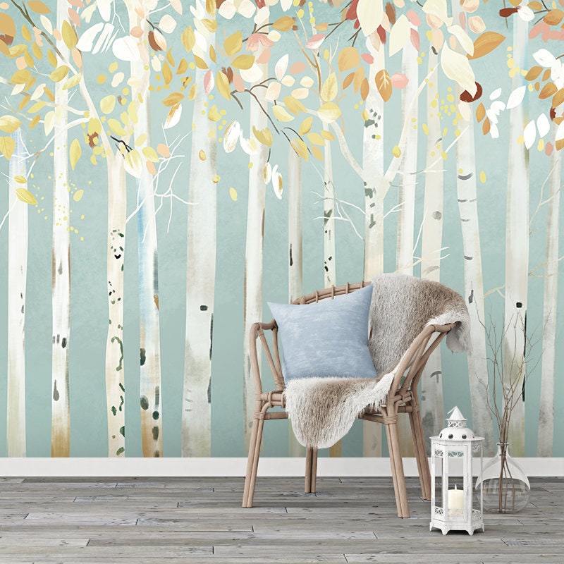 Oil Painting Huge Trees Forest Birch Forest Wallpaper Wall - Etsy