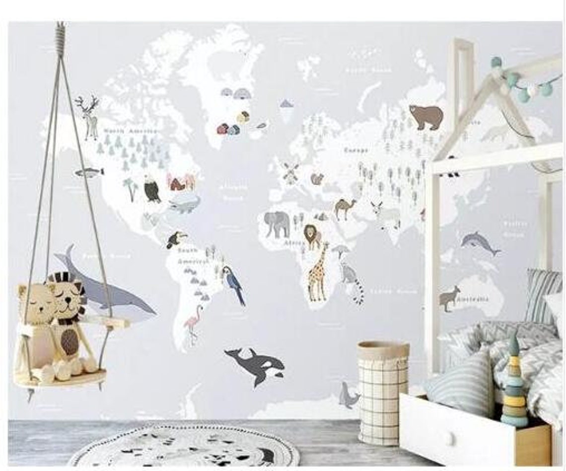 Cartoon World Map Wallpaper Animals Giraffe Cartoon Map Wall - Etsy Canada