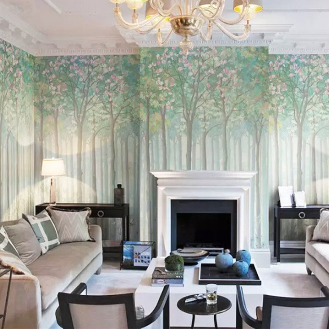 Hand Paint Northern European Birch Forest Wallpaper Green - Etsy