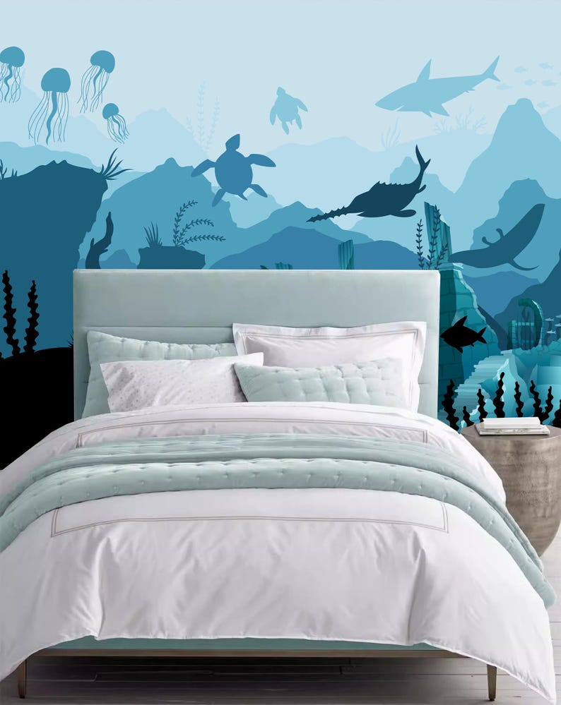 Cartoon Blue Seaworld Fish Jellyfish Nursery Wallpaper Wall Mural Wall ...