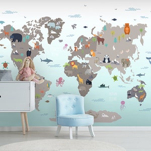 Cartoon World Map Wallpaper, Animals Cartoon Map Wall Mural, Cartoon ...