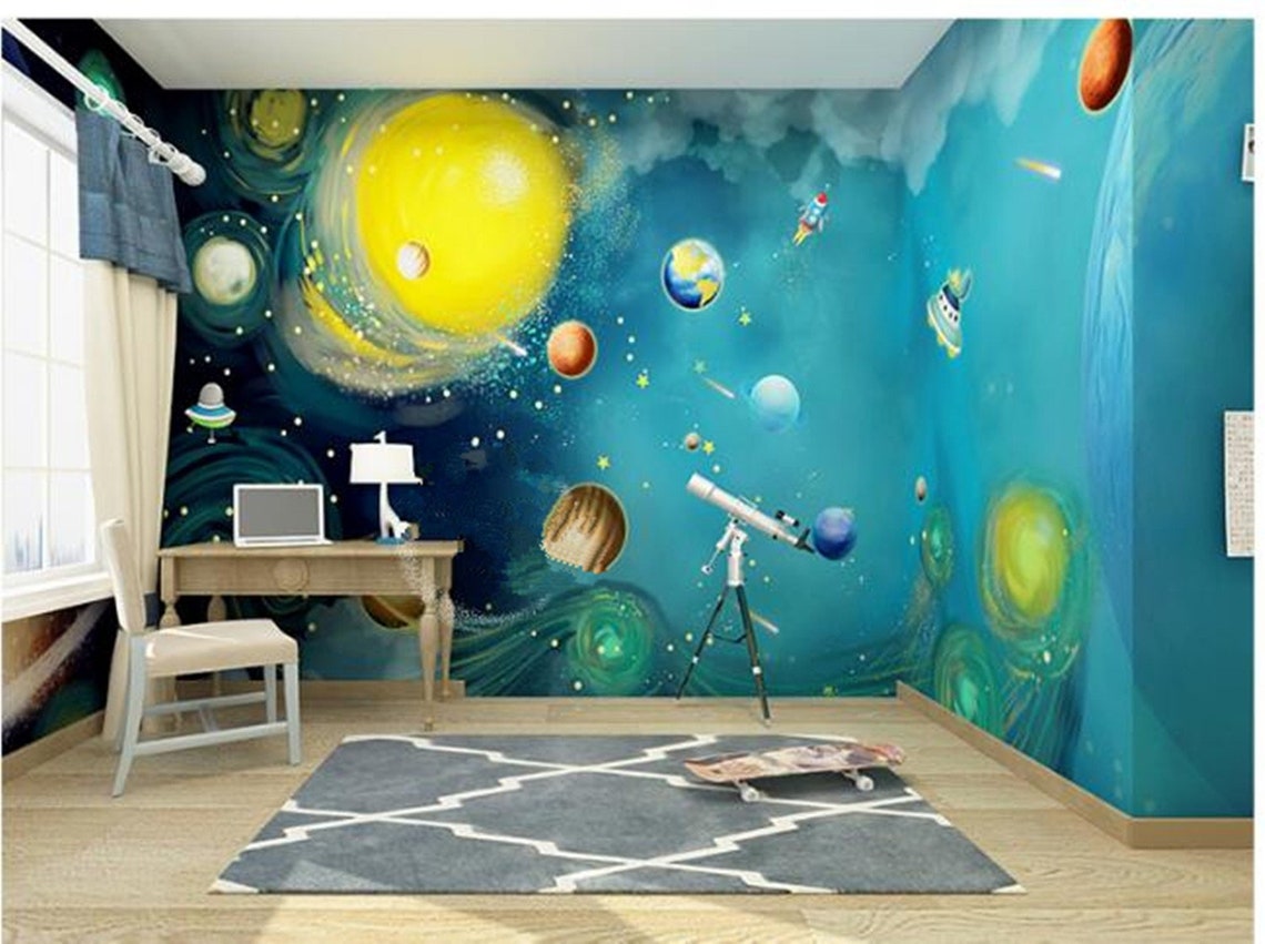 Hand Painted Blue Background Space Wallpaper Universe and | Etsy