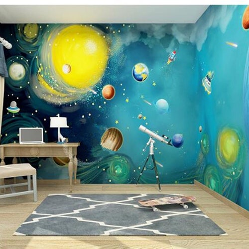 Hand-painted Space Universe Wallpaper Space Kids Bedroom Wall - Etsy