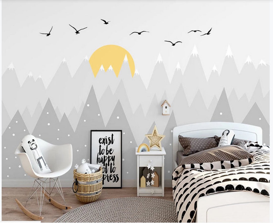Cartoon Triangle Mountains With Yellow Sun Nursery Wallpaper - Etsy
