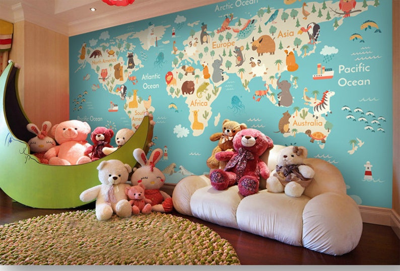 Cartoon World Map Wallpaper Animal Cartoon Map Wall Mural - Etsy
