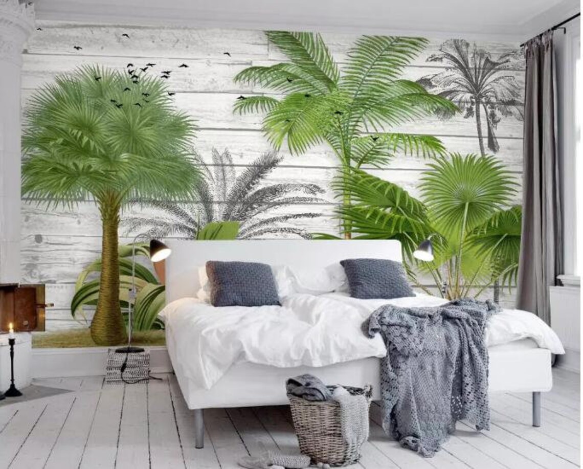 Hand Painted Tropical Plants Wallpaper Wall Mural Green - Etsy