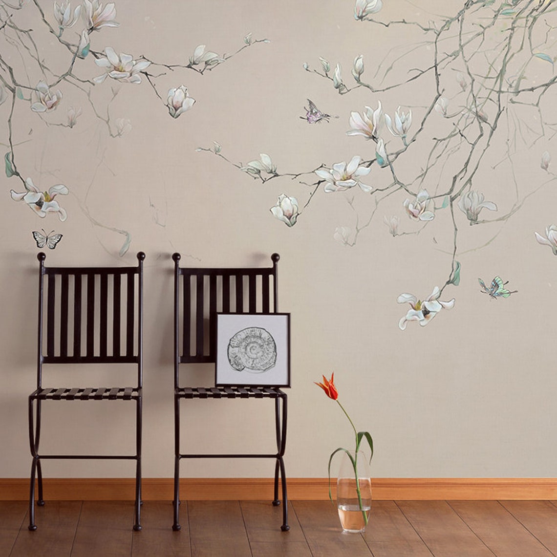 Hanging Magnolia Tree Wallpaper Flying Butterfly and | Etsy