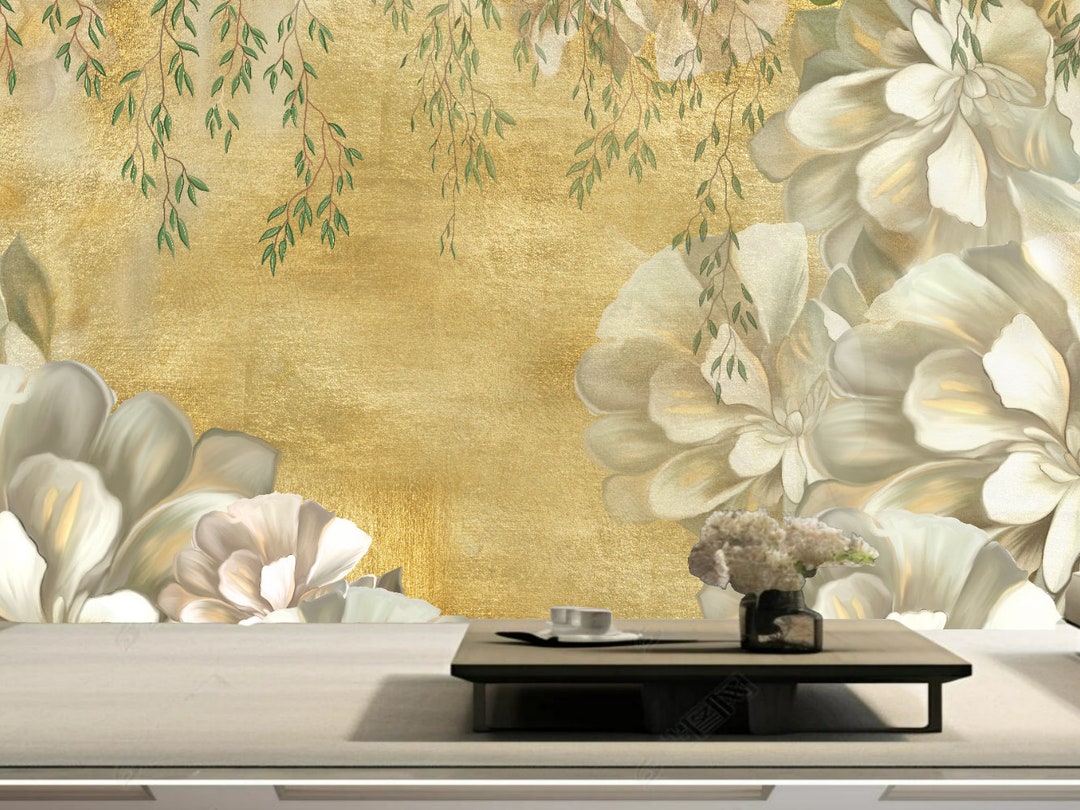 Floral Wallpaper Mural: Yellow Gold, White Flowers, Hanging Leaves - Etsy